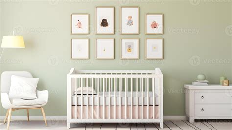 Ai Generated Bright White Minimalist Nursery Wall With Frames Above Cradle Neural Network