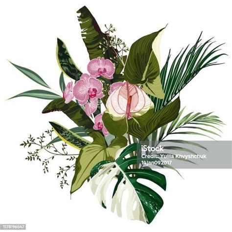 열대 야자 수와 이국적인 잎 Spathiphyllum 흰색 배경 위에 핑크 난초 꽃 구성 포장 직물 초대 장 및 템플릿 디자인을