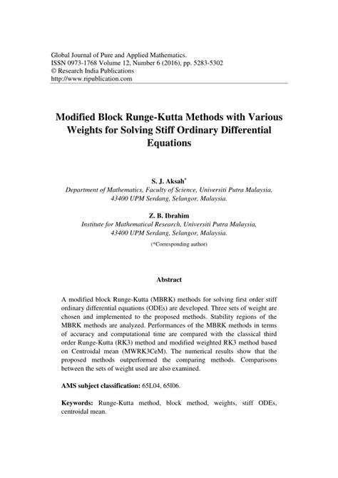 Pdf Modified Block Runge Kutta Methods With Various Weights For