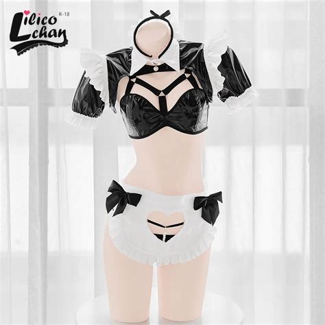여성용 특허 가죽 백리스 메이드 복장 할로우 붕대 고딕 코스프레 의상 프릴 레이스 섹시 란제리 원근법 비키니 Aliexpress