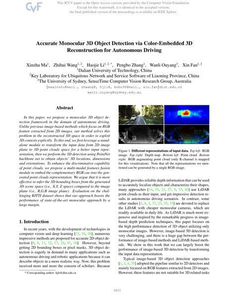 PDF Accurate Monocular D Object Detection Via Color Embedded D Reconstruction For Autonomous