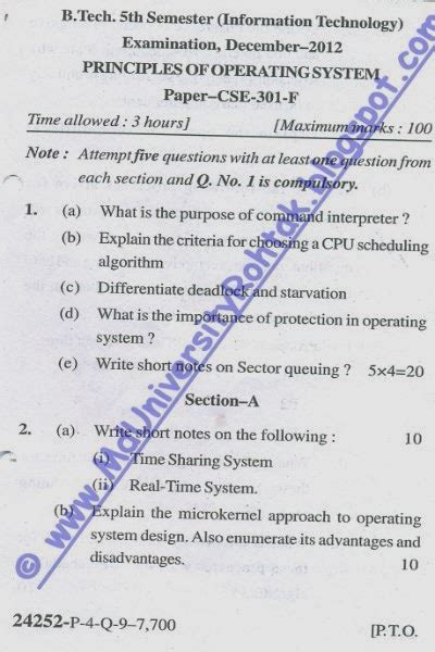 Principles Of Operating System December Question Paper MDU MDU Btech Himani Sample