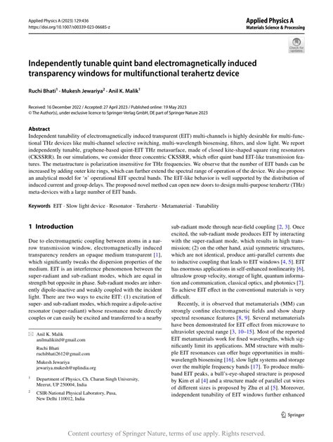 Independently Tunable Quint Band Electromagnetically Induced Transparency Windows For