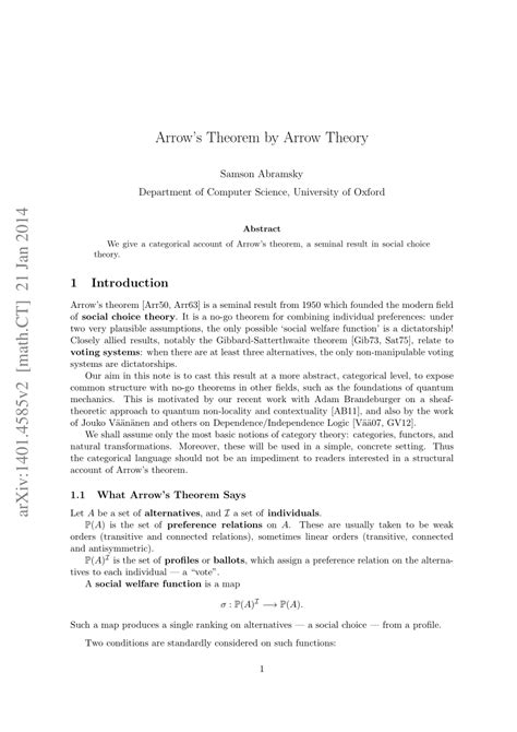 Pdf Arrow S Theorem By Arrow Theory