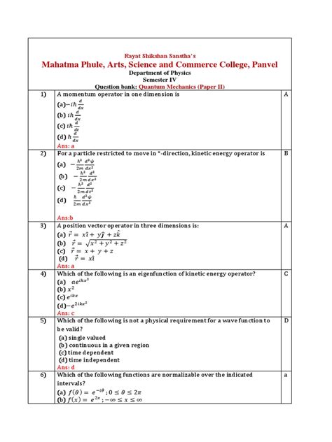 Sybsc Sem Iv Paper Ii Pdf Wave Function Electronvolt