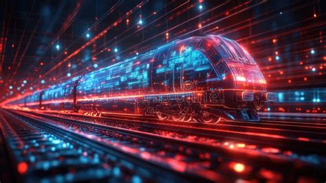 Futuristic High Speed Train With Glowing Digital Lines And Data Streams