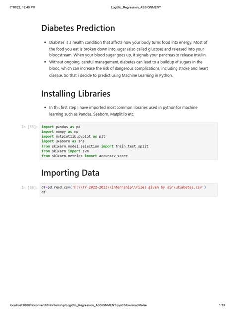 Logidtic Regression Assignment Pdf Diabetes