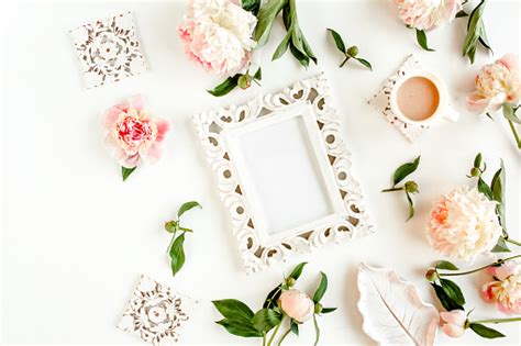 흰색 배경에 아름다운 분홍색 모란으로 장식 된 새겨진 흰색 프레임 플랫 레이 상단 보기 발렌타인 의 배경 플로럴 프레임 모란 질감 0명에 대한 스톡 사진 및 기타 이미지