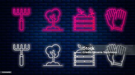 땅에 라인 트리를 설정 과일과 야채나무 상자 정원 갈퀴와 정원 장갑 벽돌 벽에 빛나는 네온 아이콘입니다 벡터 가루로 빻은에 대한