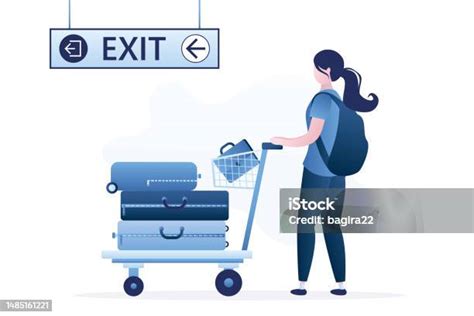 수하물 트롤리를 들고 있는 관광객 여행 가방을 든 승객 여성과 공항 트롤리 공항 카트에 다양한 수하물 비행 후 짐을 가진 여성 캐릭터 가방에 대한 스톡 벡터 아트 및 기타