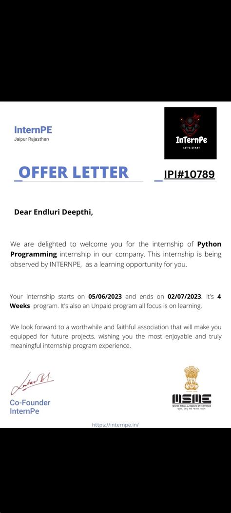 Deepthi Endluri On Linkedin Offer Letter Of Internpe Python Internship