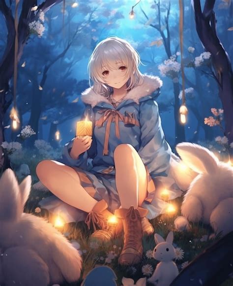 Premium Photo Anime Girl Sitting On The Ground With Rabbits In The