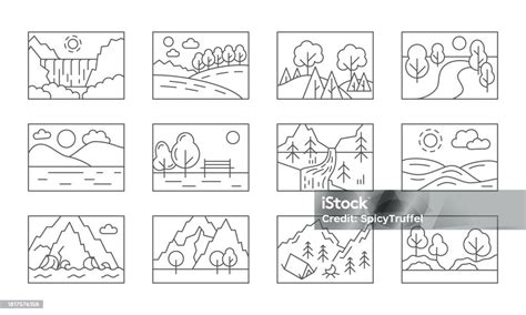 풍경 아이콘 풍경입니다 산 초원 및 사막의 윤곽을 잡습니다 자연 바다와 공원 여름 자연 계곡 언덕이나 강 숲 캠핑 정사각형 프레임 모험 풍경 벡터 격리 기호 0명에 대한