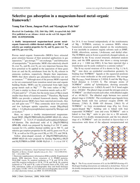 Pdf Selective Gas Adsorption In A Magnesium Based Metalorganic Framework