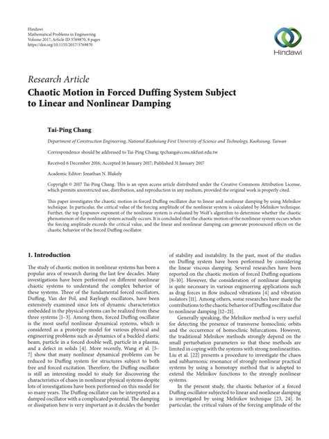 Pdf Chaotic Motion In Forced Duffing System Subject To Linear And Nonlinear Damping