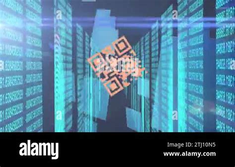 Animation Of A Looped Orange Qr Code With Blue Squares Floating Over A