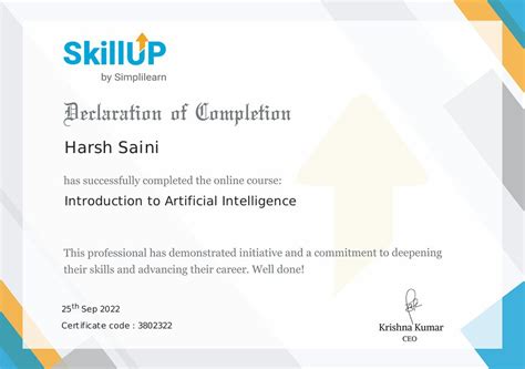 Completion Certificate For Introduction To Artificial Intelligence Harsh Saini Posted On The