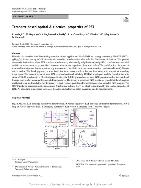 Terahertz Based Optical And Electrical Properties Of Pzt