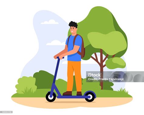전기 스쿠터를 탄 잘생긴 남자의 벡터 그림 하늘과 구름 나무 덤불이 있는 공원에서 서류 가방을 들고 전기 스쿠터를 타고 웃는