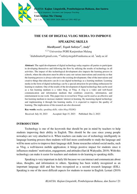 Pdf The Use Of Digital Vlog Media To Improve Speaking Skills