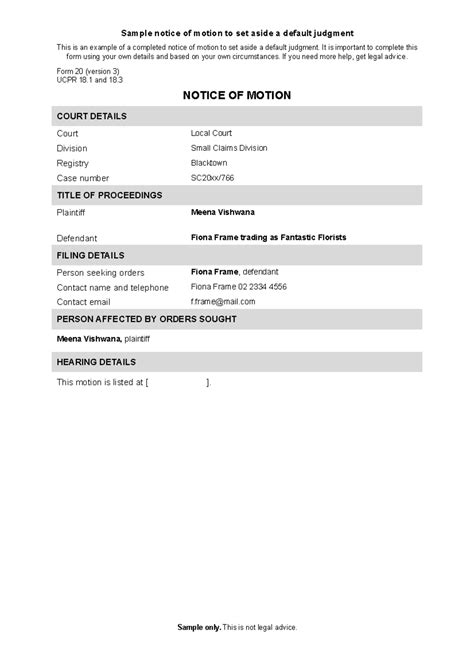 Notice Of Motion Form Example This Is An Example Of A Completed Notice Of Motion To Set Aside
