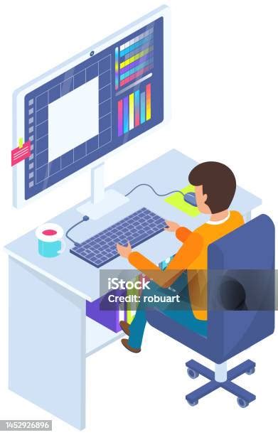 남자는 그림을 그리기 위해 그래픽 편집기 프로그램에서 일합니다 컴퓨터 화면의 이미지 편집 응용 프로그램 가상현실에 대한 스톡 벡터 아트 및 기타 이미지 Istock