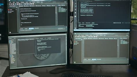 Premium Photo Desk With Multiple Screens Showing Digital Programming