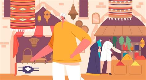 군중들이 다채로운 가판대를 통과하는 활기찬 아랍 시장 장면 향기로운 향신료와 이국적인 보물 하나의 분주한 이미지에 포착된 풍부한 문화적 태피스트리 만화 사람 벡터