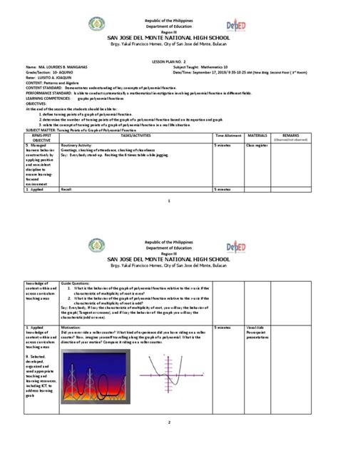 Lesson Plan Pdf Polynomial Function Mathematics