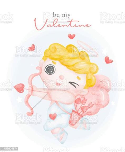 귀여운 수채화 행복한 미소 발렌타인 큐피드 소년 금발 곱슬 머리 활과 화살을 쏘고 내 발렌타인 만화 캐릭터 손 그림 그림 벡터가