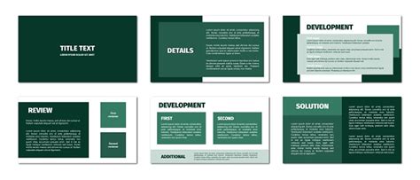 녹색 사각형 프리젠 테이션 템플릿입니다 평면 디자인 흰색 배경 6개의 슬라이드 제목 세부 정보 개발 검토 솔루션 1920년에