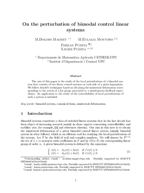 On The Perturbation Of Bimodal Control Linear Systems Pdf Matrix
