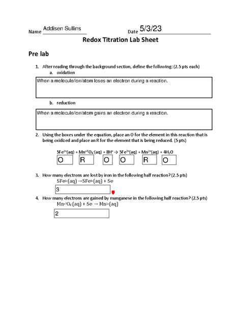Redox Titration Lab Sheet Name Date Redox