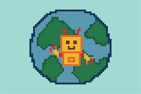 Cute Pixel Cartoon Bit Character Robot Or AI On Earth World Pixel Cross Stitch Style Can Chat