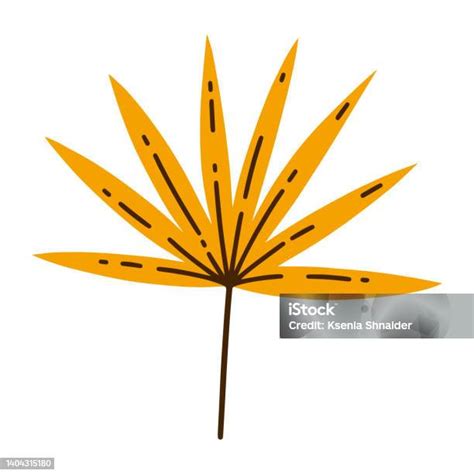 노란색 잎 벡터 아이콘이있는 팬 팜 브랜치 줄기에 정맥 잎이있는 열대 식물을 손으로 그립니다 가을 허브 플랫 만화 클립 아트를 닦아냅니다 흰색에 고립 된 그림 이국적인 나무