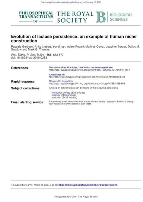 Pdf Evolution Of Lactase Persistence An Example Of Human Niche