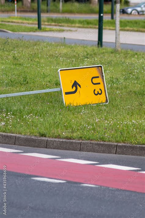Yellow Traffic Sign For Redirection On Urban Streets Forces Navigation System To Calculate A New