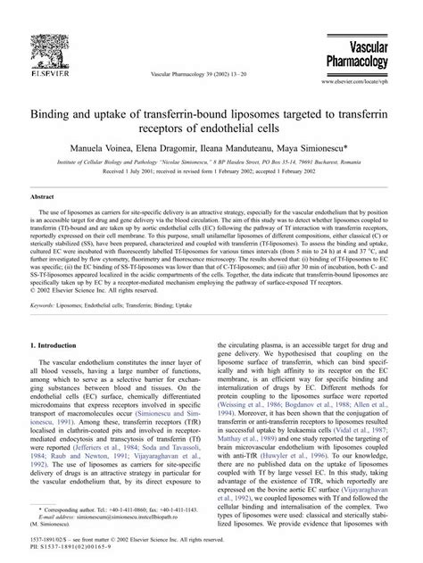 Pdf Binding And Uptake Of Transferrin Bound Liposomes Targeted To Transferrin Receptors Of