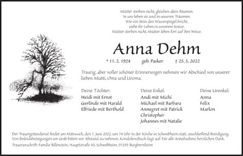 Traueranzeigen Von Anna Dehm Trauerflzde