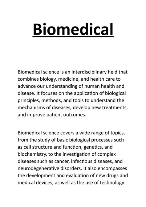 Biomedical Notes Biomedical Biomedical Science Is An Interdisciplinary Field That Combines