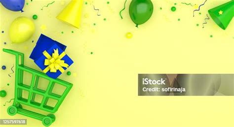 브라질 장식 배경 배너 템플릿 전단지 트롤리 카트 풍선 별과 리본 선물 상자 파란색에 파티 모자 콘 색종이 복사 공간 3d