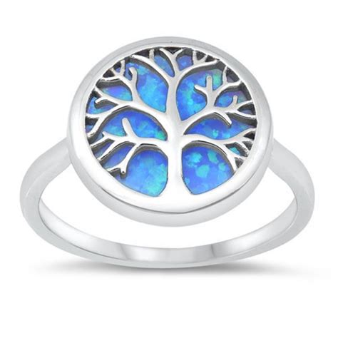 Tree Of Life Ring Lab Created Blue Opal Solid Sterling Etsy