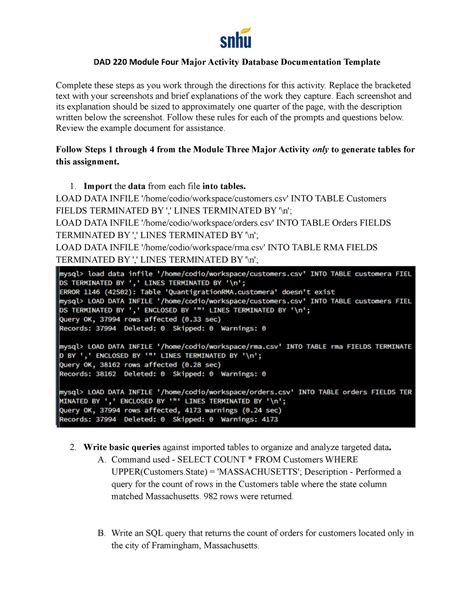 dad 220 module four major activity database documentation template