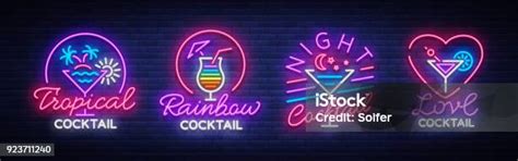 칵테일 컬렉션 로고 네온 스타일입니다 네온 사인의 컬렉션 디자인 서식 파일 음료의 주제에 알콜 음료 칵테일 바 파티 클럽에 대