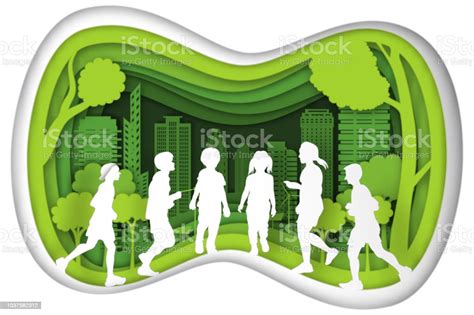 디자인 도시 도시와 사람들 산책 및 운동 건강 삶의 질 녹색 자연과 생태 아이디어 실행의 조각 종이 예술과 공예 스타일 개념을 잘라 벡터 일러스트 레이 션 개념에 대한 스톡