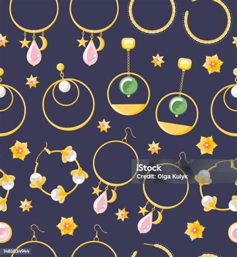 진한 파란색 배경에 진주 귀걸이 원활한 패턴입니다 골드 에메랄드 보석 펜던트 보석 후프 액세서리 벡터 평면 일러스트레이션 웨딩 카드 패브릭 벽지 포장지 포스터 0명에 대한