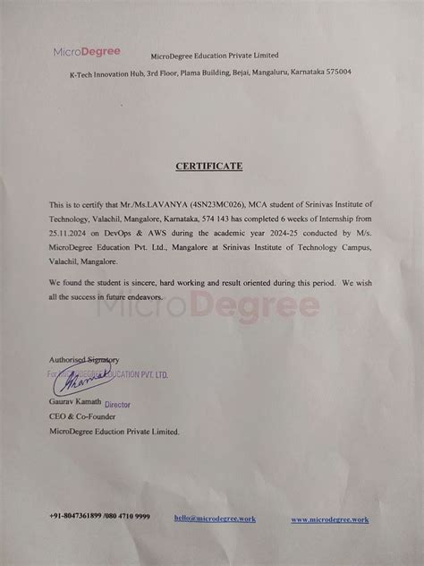 Certificate Title Devops And Aws Issuing Organization Micro Degree Education Private Limited