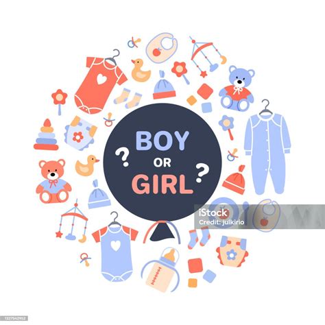 성별은 파티를 공개합니다 장난감 신생아 의류 기저귀와 흰색 아기 배경에 텍스트 소년 이나 소녀와 플랫 검은 풍선 배너 전단지