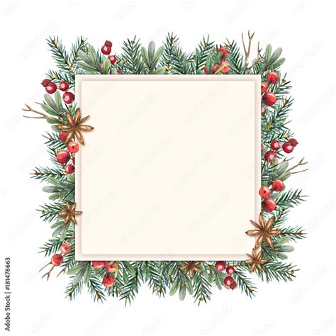 Watercolor Christmas Frame Square Shape With A Place For Your Wishes