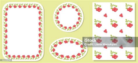 가지 열매 잎이 있는 장식용 화환 3개와 이음매 없는 패턴 세트 프레임 원 정사각형 및 타원형 벡터 일러스트 레이 션입니다 0명에 대한 스톡 벡터 아트 및 기타 이미지